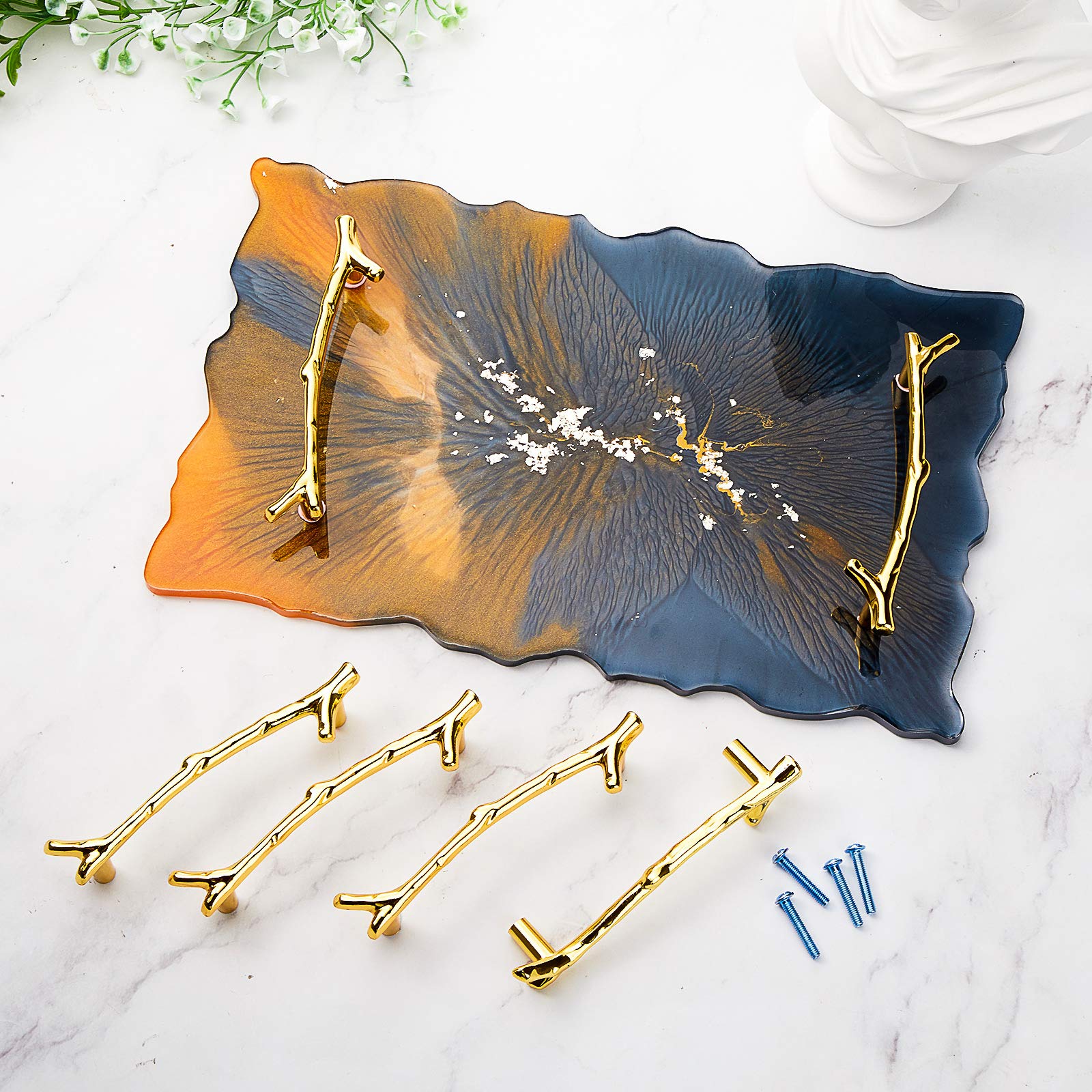 6 Pieces Tray Handles for Tray Molds Resin Tray Molds Handles Branches Shaped Stainless Steel Handles with Screw Sets for Silicone Serving Tray Mold, 4.8 Inch (Gold)