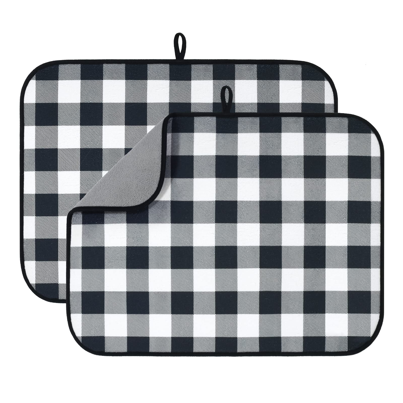 AELS XL 24" x 18" Dish Drying Mat, Set of 2, for Kitchen Counter, Buffalo Check Plaid Tartan Reversible Absorbent Microfiber Dish Drainer/Rack Pads with Hanging Loop
