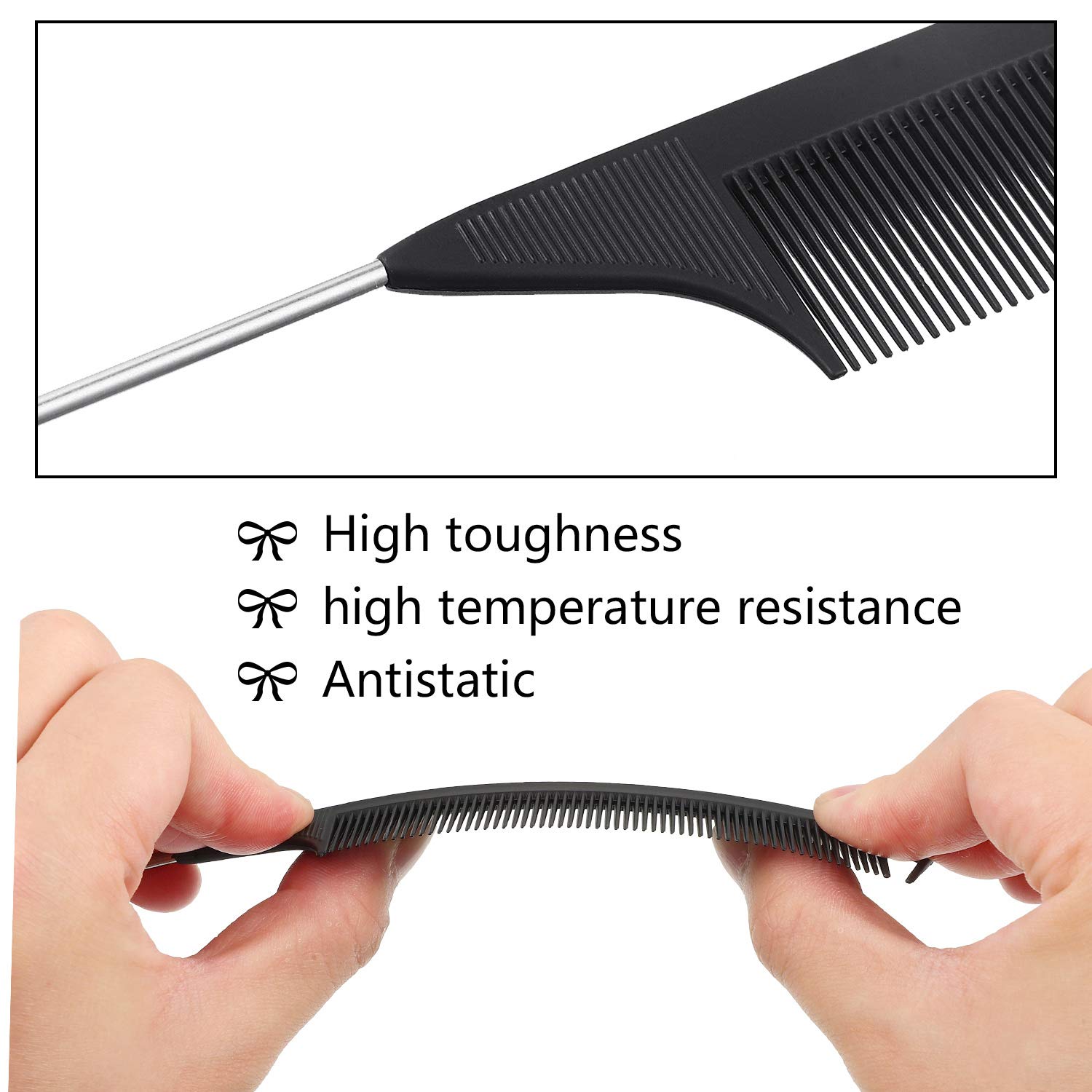 Patelai 12 Pieces Parting Comb for Braids Rat Tail Steel Pintail Fine Teeth Heat Resistant Teasing Combs with Stainless Steel Pintail(Black)
