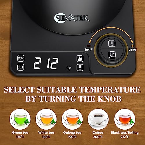 EVATEK Gooseneck Electric Kettle Temperature Control, 1L Electric Tea Kettle with Auto Shut-off, Keep Warm for 1-24h, Dry Burning Protection, 1200W Stainless Steel Pour-Over Coffee Kettle