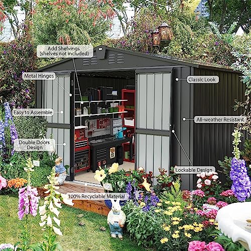 Evedy Outdoor Shed - 10 x 8 FT Storage Sheds Galvanized Metal Shed with Slide Door, Tool Storage Backyard Shed Bike Shed, Tiny House Garden Tool Storage Shed for Backyard Patio Lawn