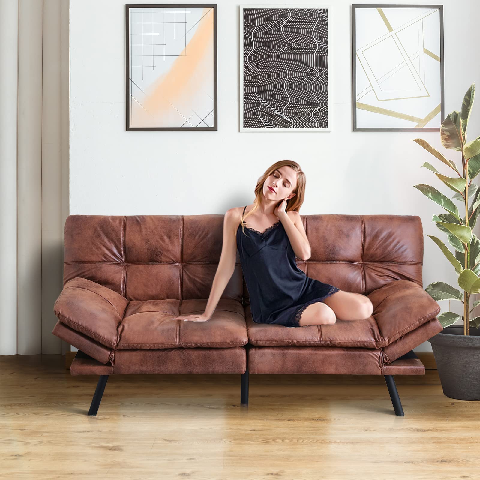 Opoiar Faux Leather Sleeper Sofa,Memory Foam Futon Sofa Bed,Foldable Couch Sleeper,Compact Sofa Padded with Metal Legs, Modern Convertible Loveseat Sofa for Living Room,Apartment,Studio,Brown