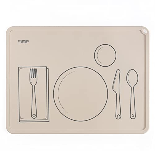 CHAMOS Montessori Placemat for Toddlers - Kids Silicone Mats for Dining Table - Set of 2 - Table Setting Learning (Sage and Beige)