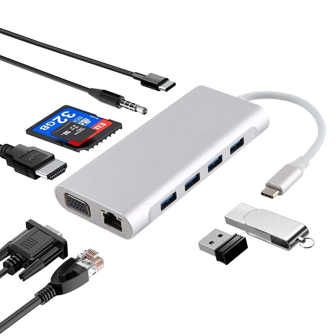 USB Hub Portable USB Hub 11 in 1 VGA + LAN Port + 4 x USB 3.0 + SD/TF Card + HDMI + Audio Port + USB-C/Type-C Female to USB-C/Type-C HUB Adapter(Dark Gray) (Color : Silver)