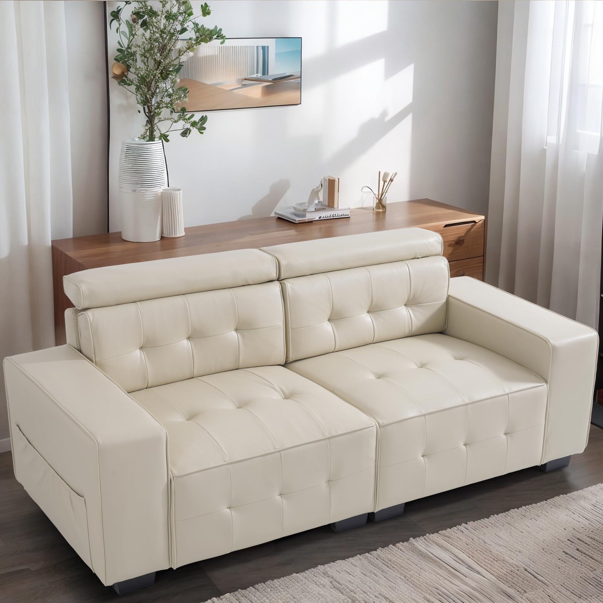 83" Leather Sofa with Adjustable Headrest Mid Century Modern Double Loveseat Sofa for Living Room Bedroom Apartment Office,2 Seater Luxury Classic Wide Armrest,Deep Seat (Leather, White)