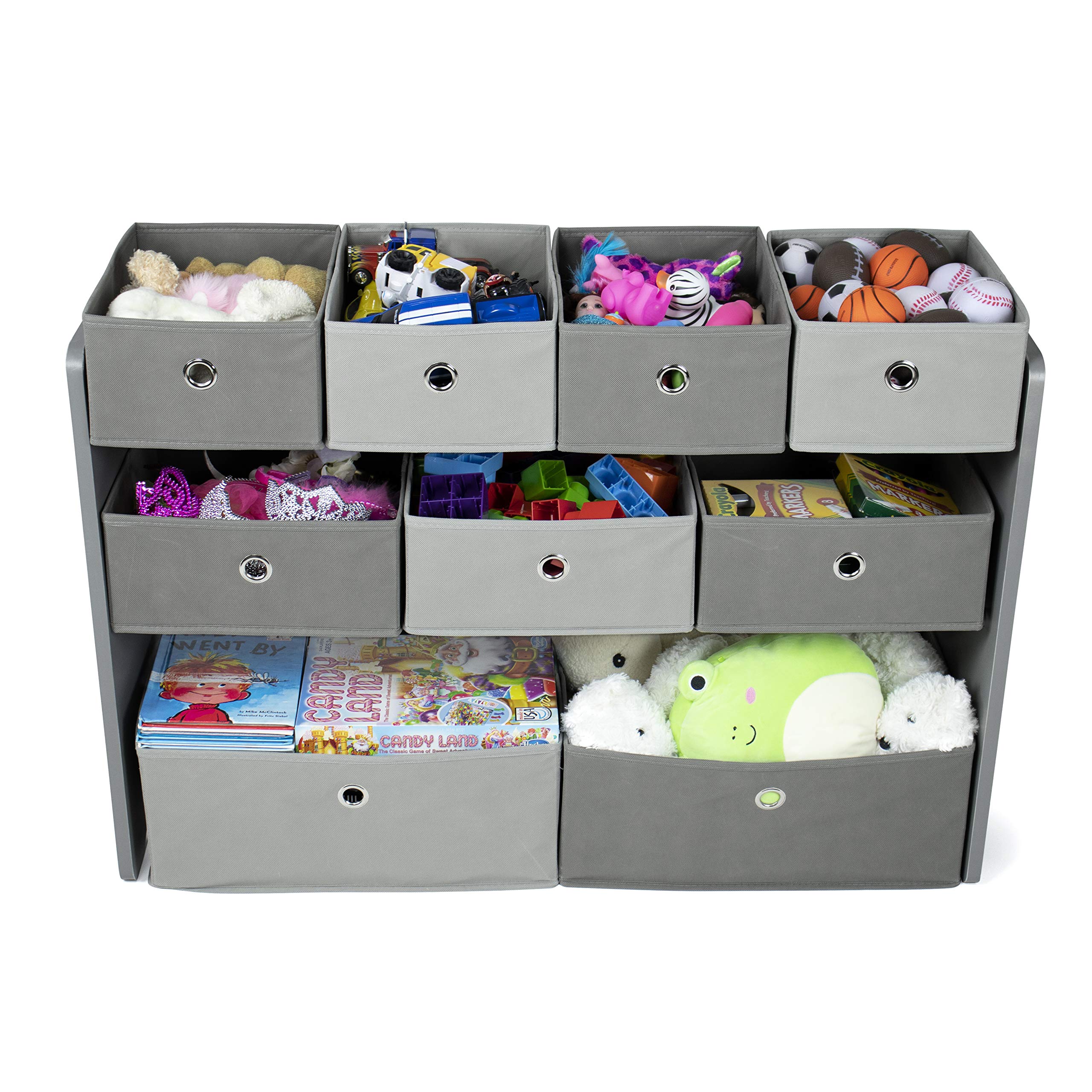 Humble Crew Kids Toy Organizer with 9 Storage Fabric Bins, Grey & Grey/White Kids Book Rack Storage Bookshelf, 4 Tiers