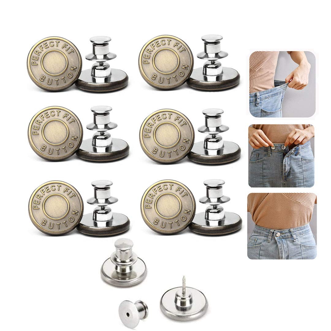 6PCS Perfect Fit Instant Button, Instant Buttons, Jean Replacement Buttons Removable Button No Sew Buttons to Extend or Reduce an Inch to Any Pants Waist in Seconds!
