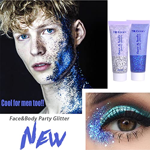 Face Glitter Gel, 2 Jars Holographic Chunky Glitter Makeup for Body, Hair, Face, Nail, Eyeshadow, Long Lasting and Waterproof Mermaid Sequins Liquid Glitter Total 6 Colors Available (#6, White, 2PCS)