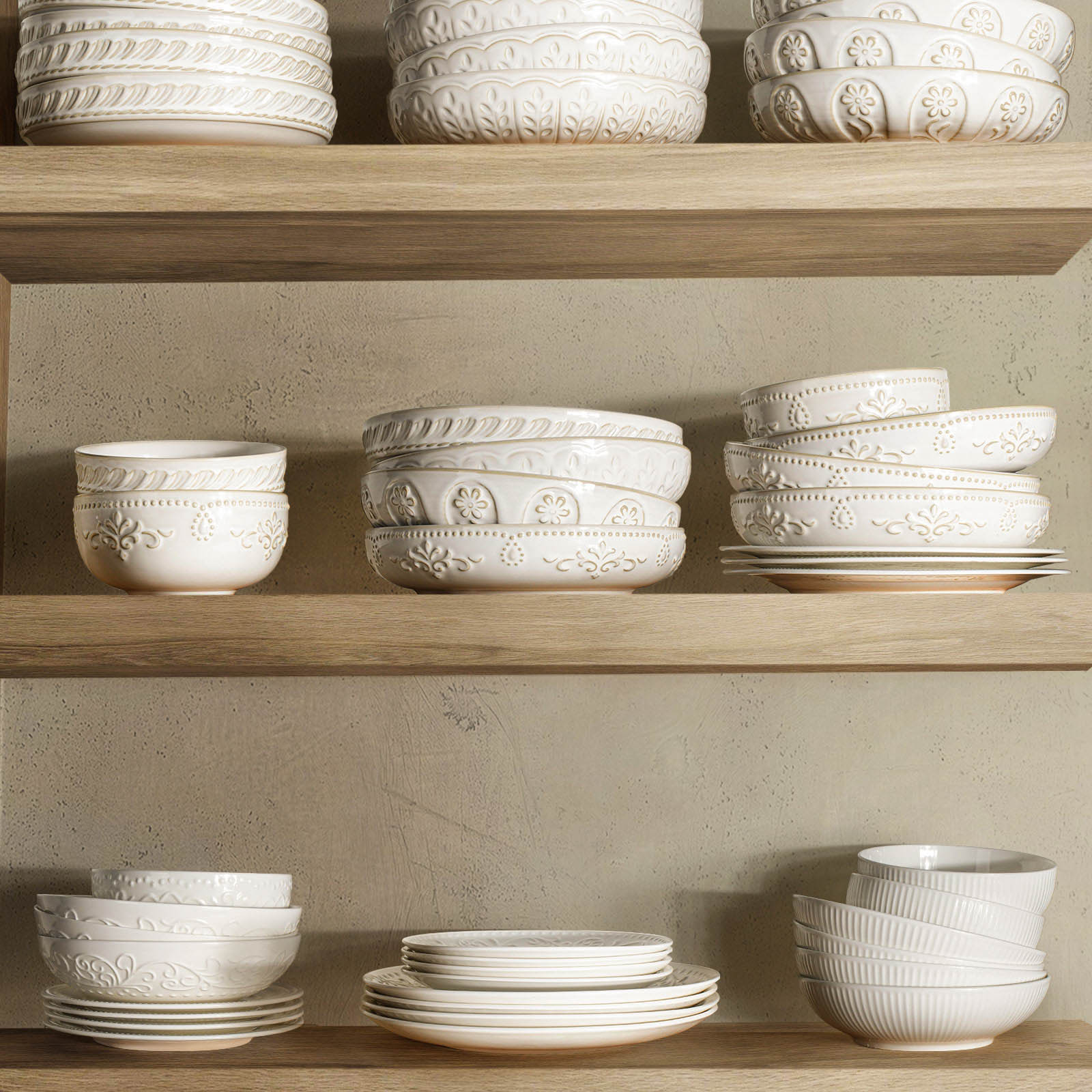Artena Pasta Bowls, 50oz Large Salad Serving Bowls, 9.75'' Plates Bowls Set of 4, Big White Ceramic Soup Bowls for Kitchen, Embossment Shallow Dinner Bowl, Microwave Dishwasher Safe, Multiple Patterns