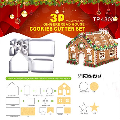3D Christmas House Cookie Cutter Set, Gingerbread House Cutters Kit, Festive Xmas Stainless Steel Biscuit Cutter Set, Including Christmas Tree, Snowman, Reindeer, Sled Shapes, Gift Box Package(18pcs)