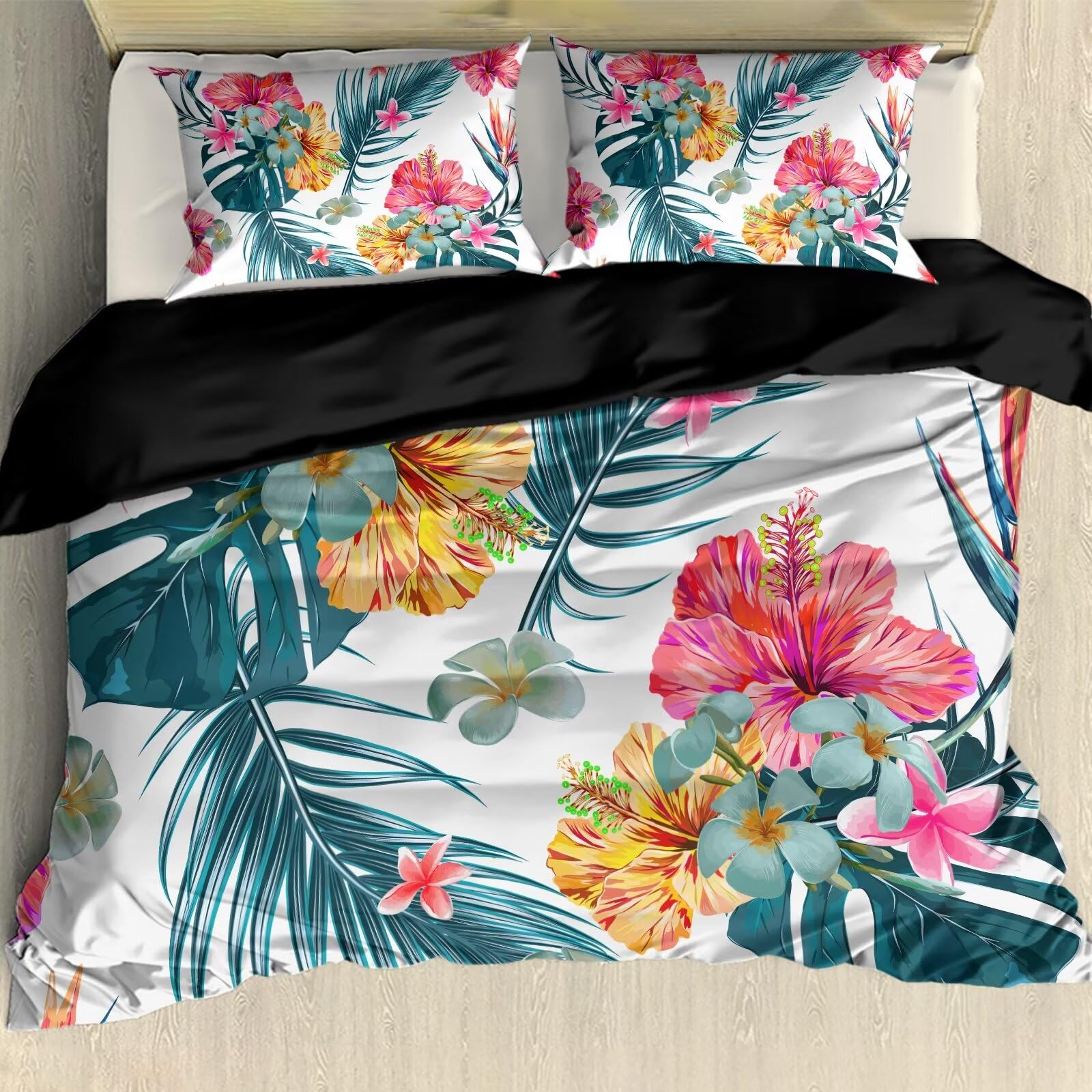 Gearider Hibiscus Flower Pattern Duvet Cover Set, Palm Leaves Soft Tropical Bedding Set with Zipper Closure, Black Lining, Size King