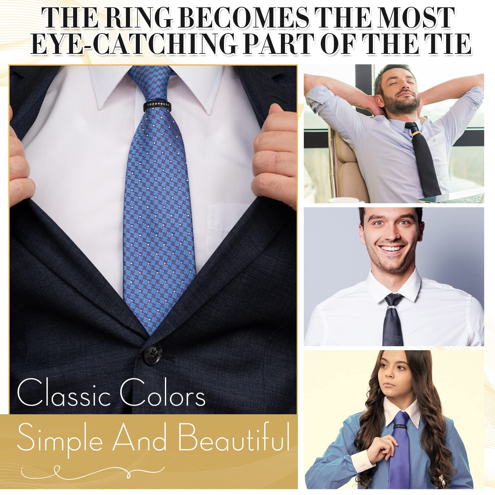 3 Pcs Men's Tie Ring Tie Clasp Necktie Ring for Neck Ties Solid Tie Tacks Accessories with Box for Wedding Jewelry Gift (Stylish Diamond Style)