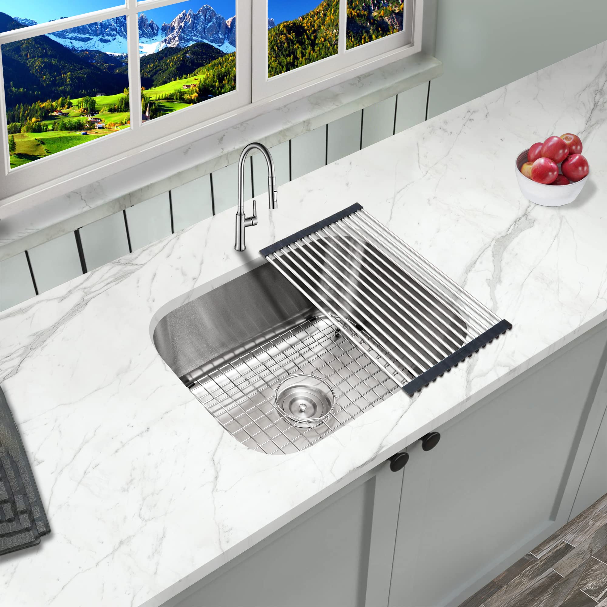KABCO 23 Inch Single Bowl Stainless Steel Classic Kitchen Bar Sink, Rust, Sound and Heatproof Swirl Finish Stainless Steel Deep Sink with Kitchen Sink Strainer, Bottom Sink Grid and a Rolling Up Grid