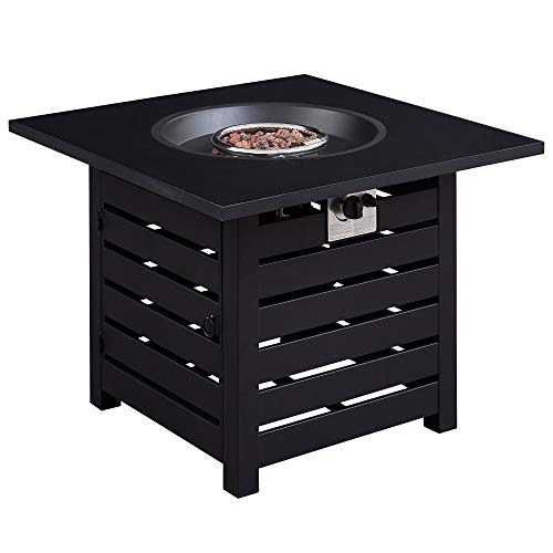 32 Inch Propane Fire Pits Table with Blue Glass Ball,40,000 BTU Outdoor Wicker Fire Table with ETL-Certified,2-in-1 Square Steel Gas Firepits (32Inch)