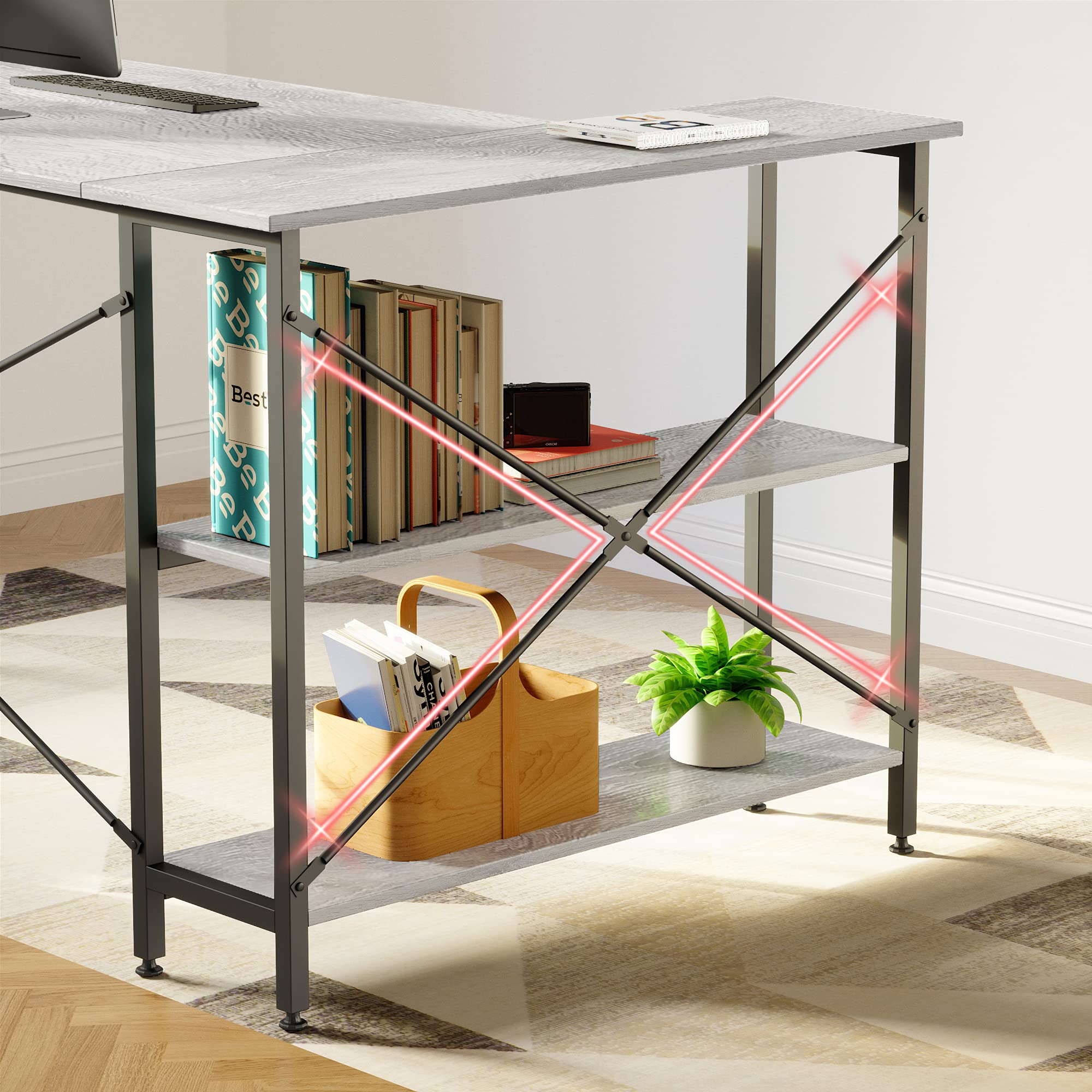 Bestier L Shaped Desk with Storage Shelves 55 Inch Corner Computer Desk Writing Study Table Workstation for Home Office, Wash Gray
