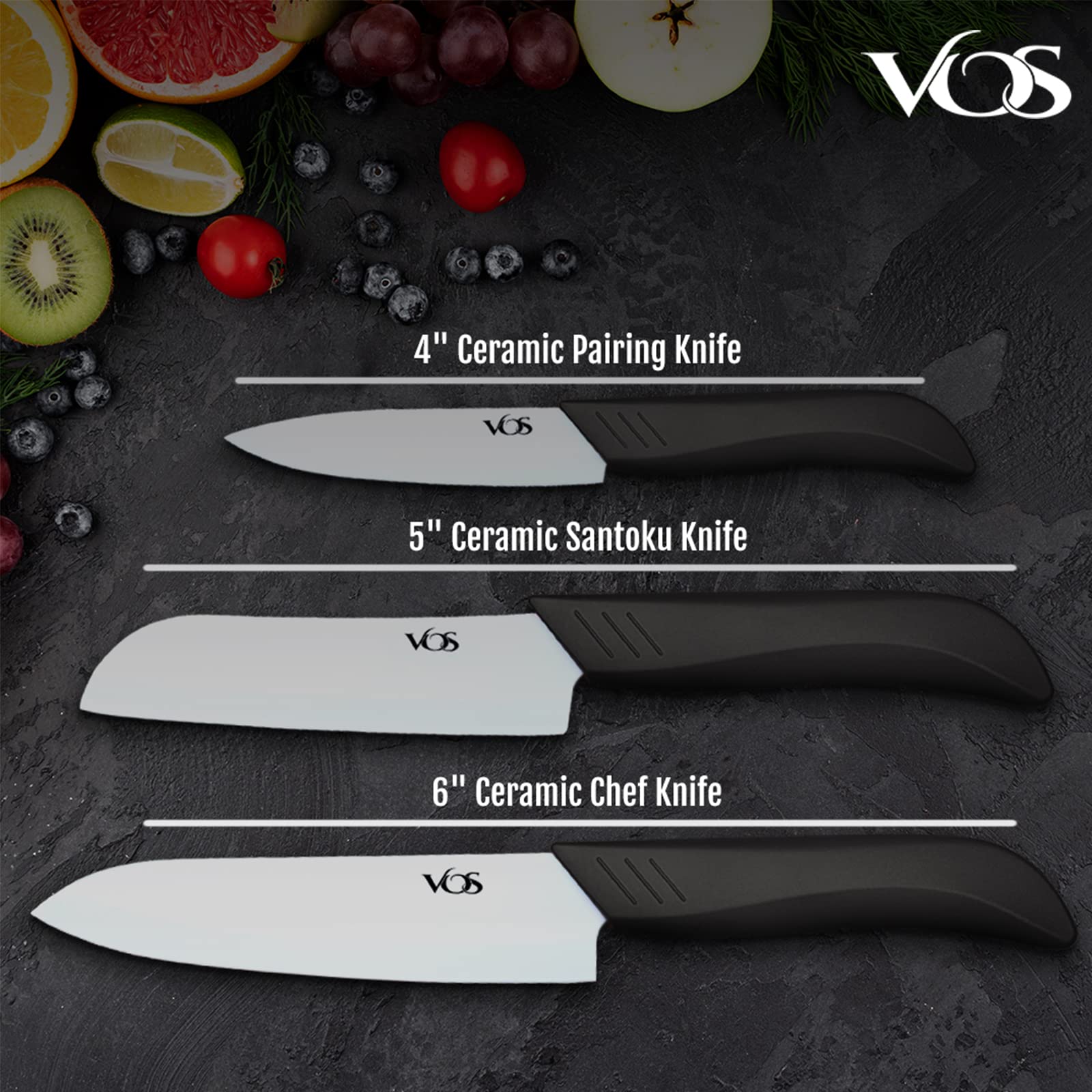 Vos Ceramic Knife Set | Ceramic Knives Set For Kitchen | Ceramic Kitchen Knives With Covers | Ceramic Paring Knife 4", 5", 6" Inch (Black)