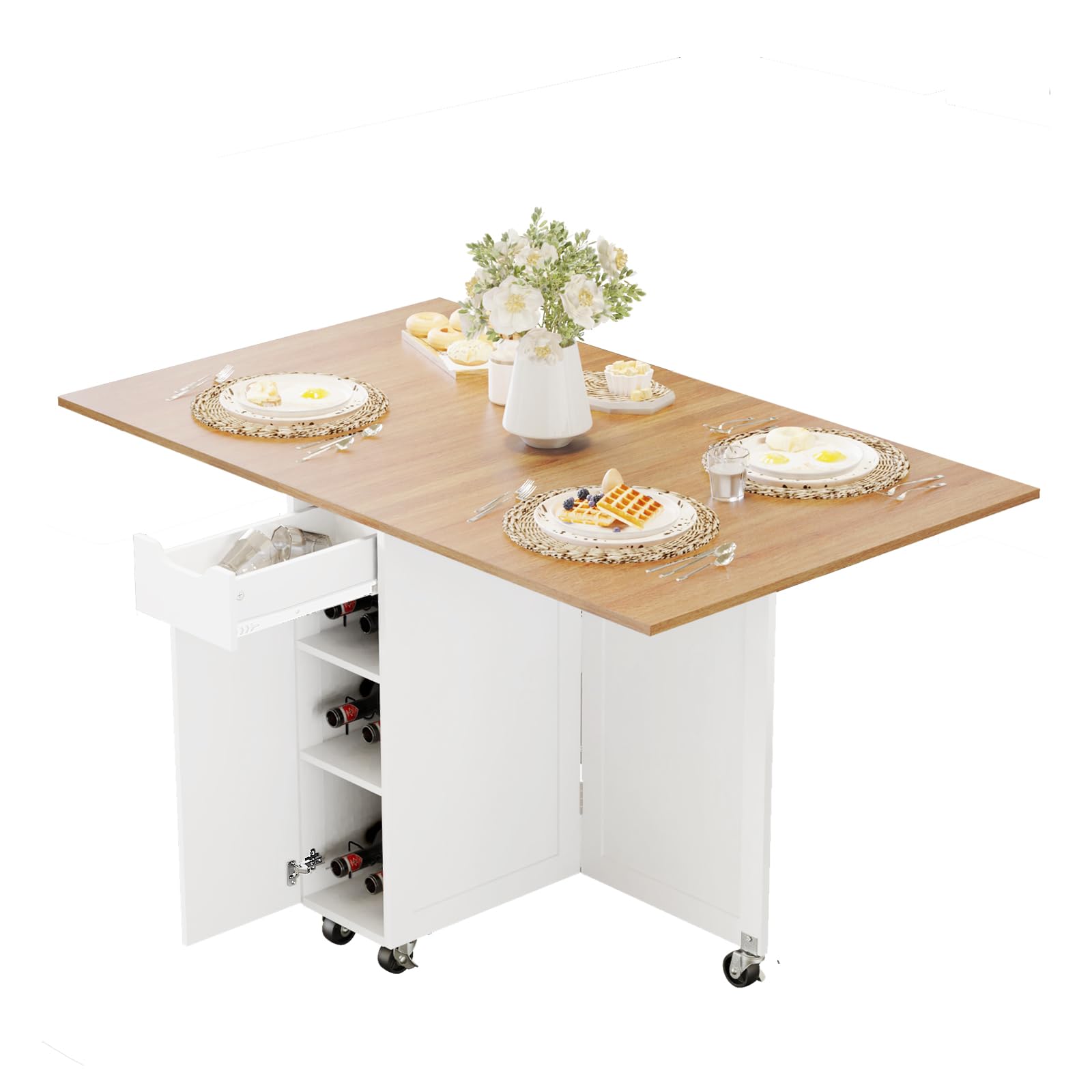 Folding Dining Table, Dinner Table with Drawer and Storage and Shelves, Space Saving Dining Table with 6 Wheels, Kitchen Table for Small Spaces (Light Brown)