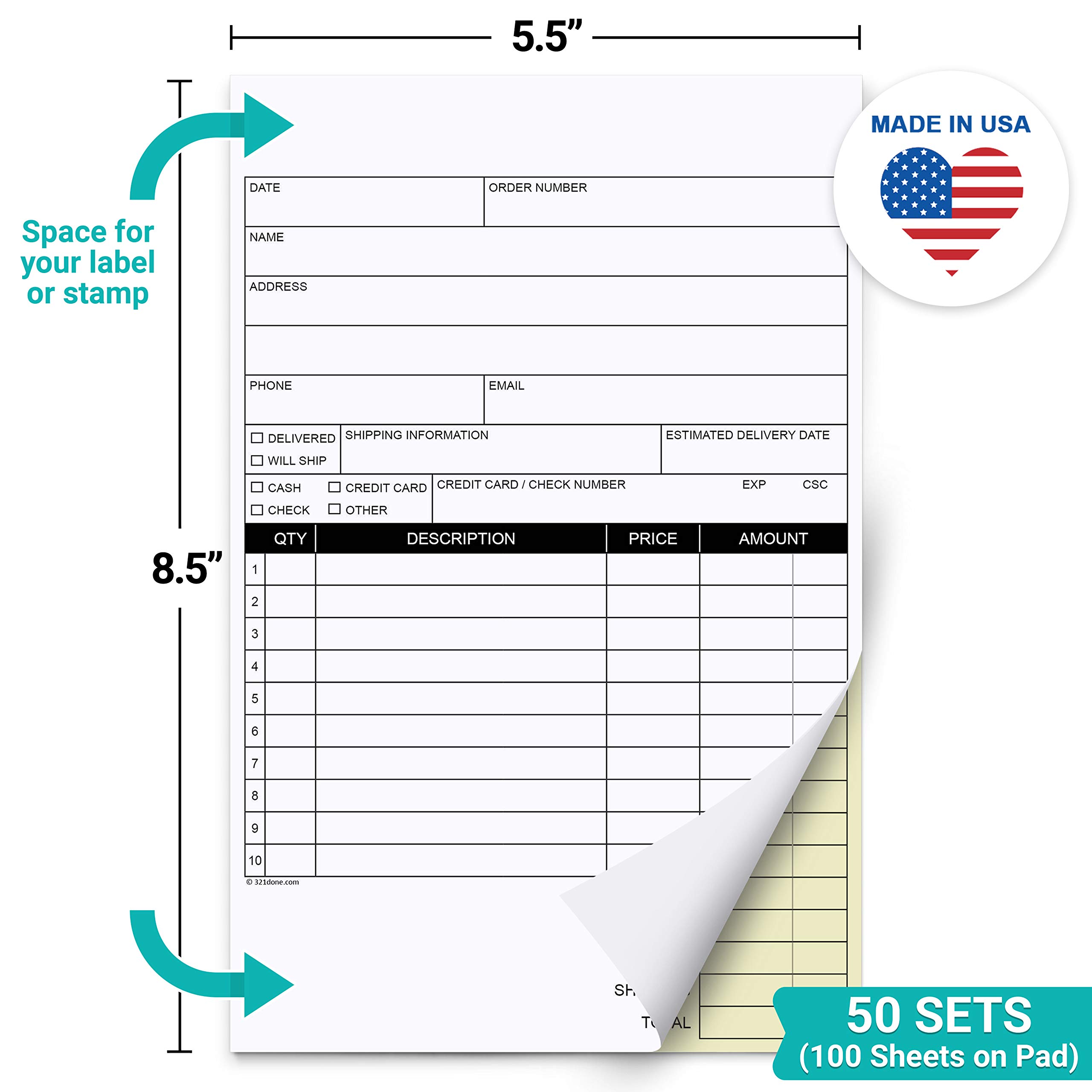 321Done Blank Sales Form Pad, 5.5x8.5 Small 2-Part Carbonless, Made in USA, Carbon Copy Generic Receipt Purchase Order Notebook for Small Business (50 Sets) White/Yellow, Heavyweight Paper