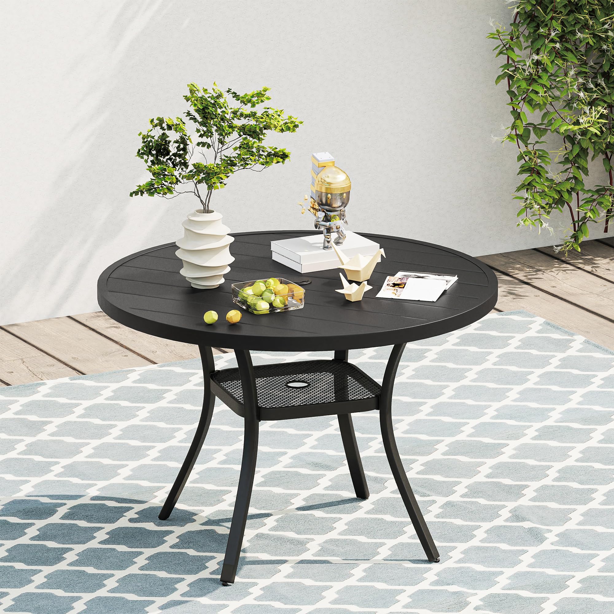 VICLLAX 5 Pieces Patio Round Dining Table and Chairs Set for 4, Outdoor Stackable Dining Chairs and Φ42 Outdoor Dining Table with Adjustable Umbrella Hole for Deck Backyard Garden, Dark Blue & Black