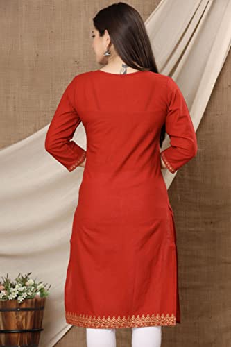 Chandrakala Women's Rayon Tunic Top Lace Work 3/4th Sleeve Straight Kurti Kurta,Large,Red (K217RED3)