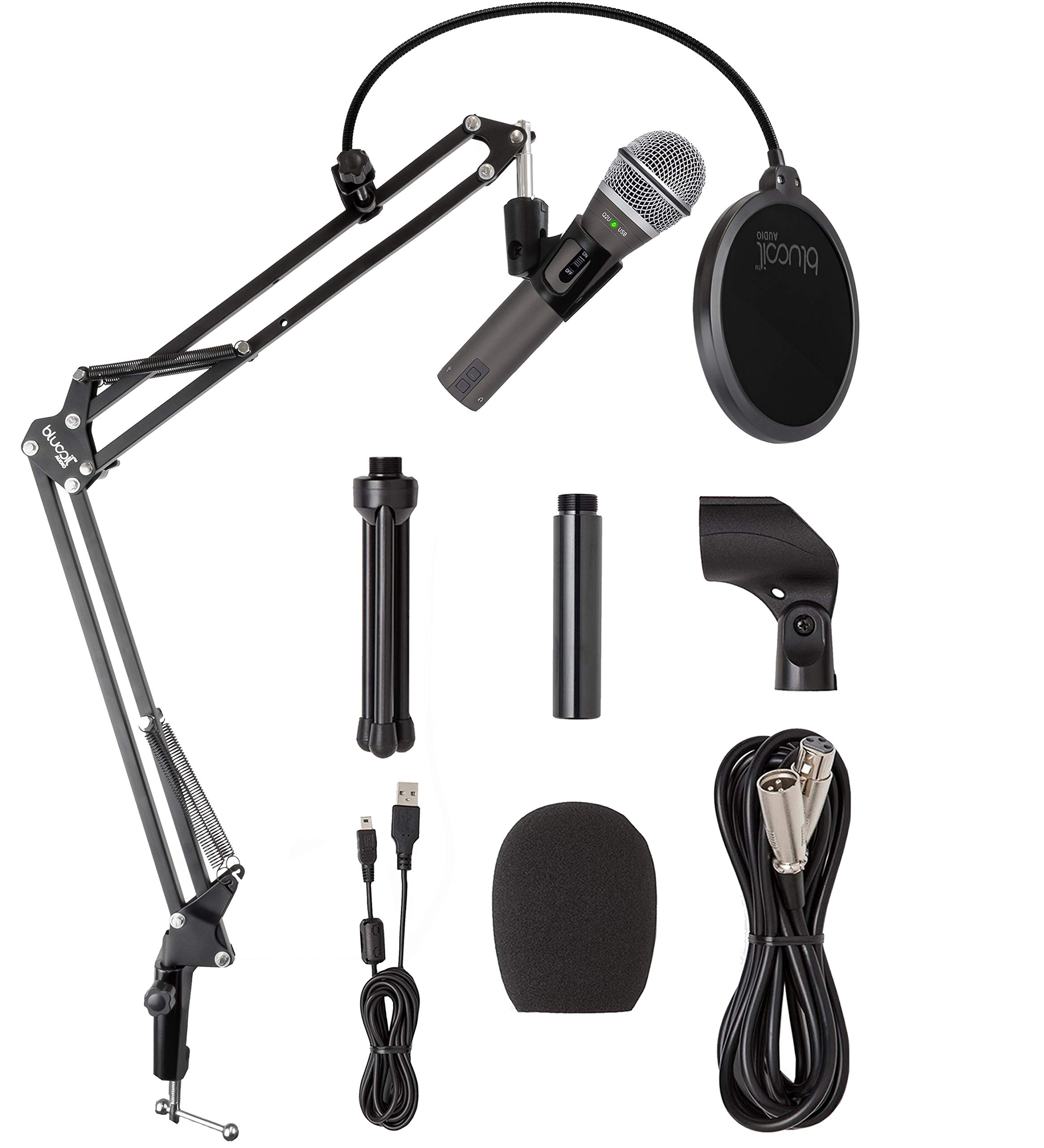 blucoil Samson Q2U USB XLR Dynamic Microphone for Windows, Mac, iOS Recording and Podcasting Bundle Boom Arm Plus Pop Filter