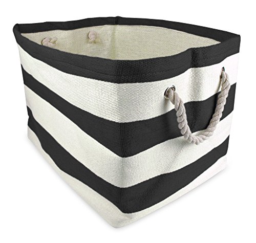 DII Durable Woven Striped Storage Bin Collapsible with Soft Rope Handles Reinforced with Metal Grommets, Medium, 15x10x12, Black