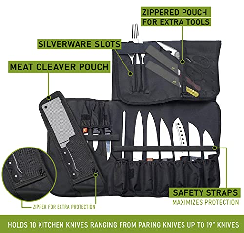 EVERPRIDE Chef Knife Roll Bag Holds 10 Knives β Contains 2 Large Zippered Pockets for Meat Cleavers and Cooking Tools β Durable Knife Case for Chefs and Culinary Students β Knives Not Included