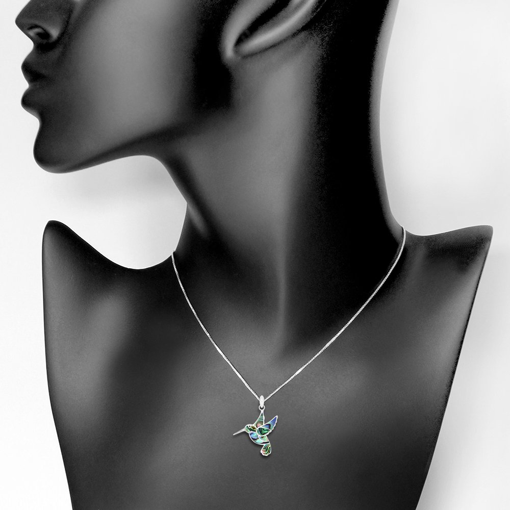 925 Sterling Silver Abalone Shell Hummingbird Pendant Necklace, 18"