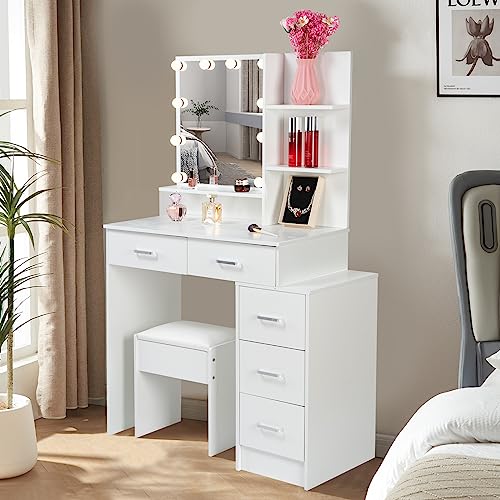 Buildonely Hollywood Girls Vanity Set with 5 Storage Drawers, Makeup Table Set with Wide Desktop and Cushioned Stool, Dressing Desk White Vanity Mirror with Lights for Bedroom