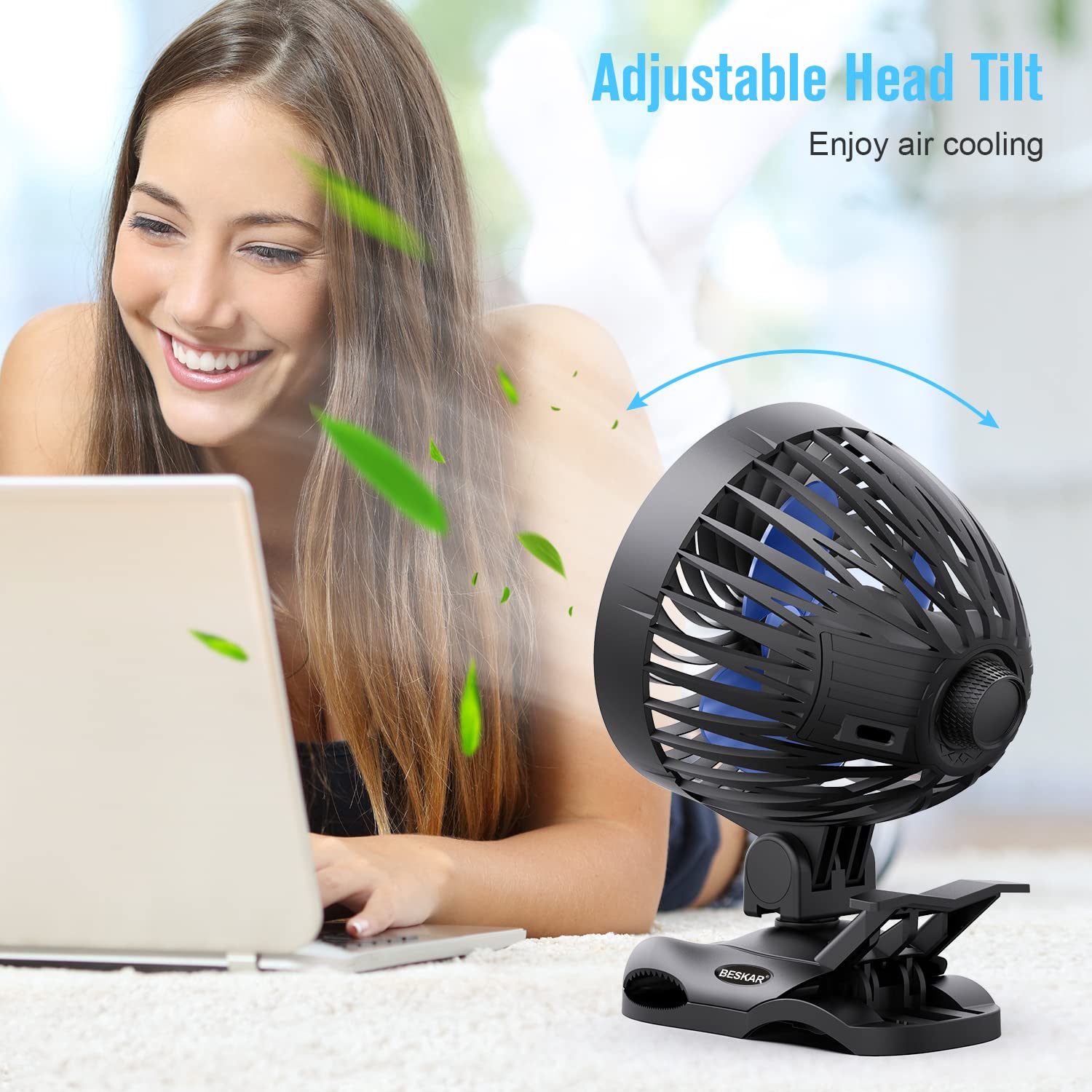 BESKAR Clip on Fan - 5000mAh Battery Rechargeable with CVT Speeds and Strong Airflow, Head Adjustable, Small Desk Fan Personal Quiet Fan for Office Stroller Outdoor