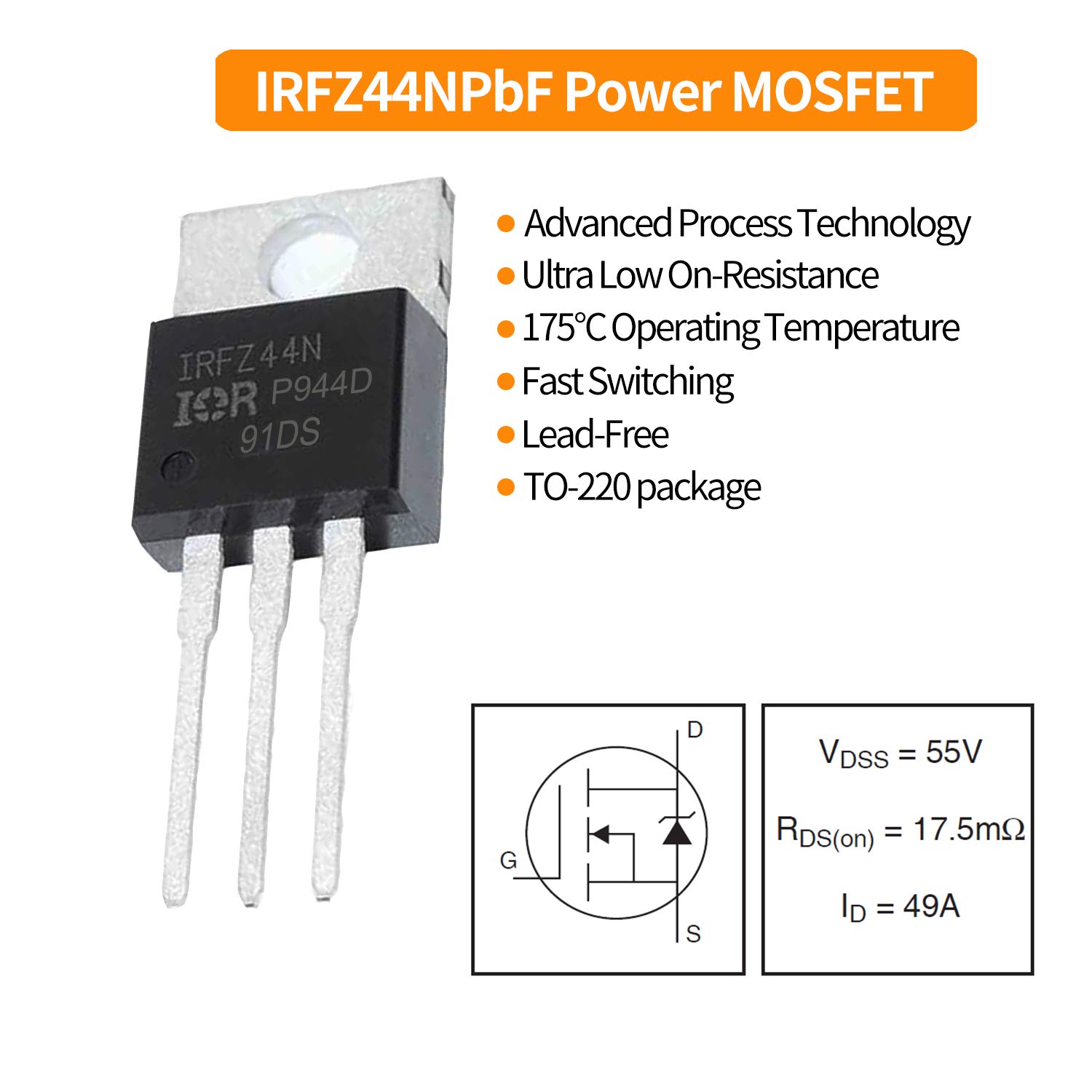 Makeronics 20 pcs IRFZ44N Insulator and Mounting kit with TO-220 Heatsink,Insulator rubberized silicone Washer and Bushing | N-Channel MOSFET Transistor | International Rectifier Power 49 A 55 V,3-Pin