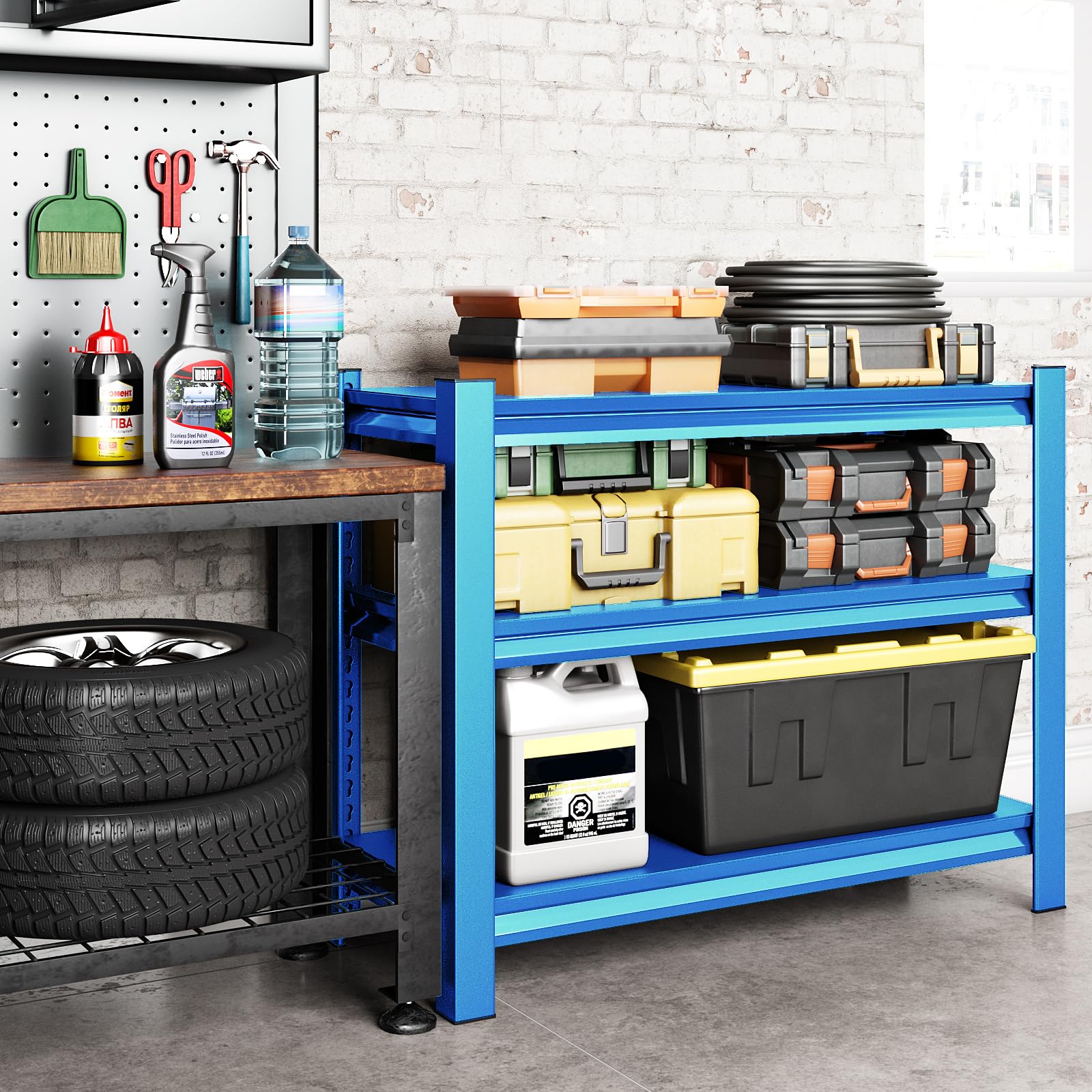 Rufokisa 40" W Garage Shelving Heavy Duty,1500LBS Loads Adjustable Garage Storage Shelves,3-Tier Metal Storage Racks and Shelving Units, Utility Rack Shelves,40”W x 18”D x 36”H,Blue