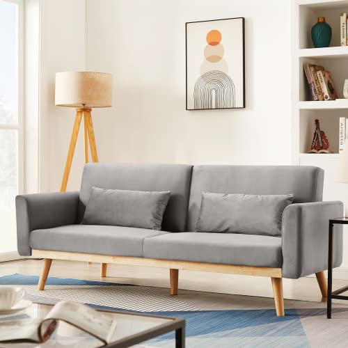 AWQM Velvet Futon Sofa Bed, Memory Foam Couch Set, Upholstered Modern Daybed Convertible Folding Loveseat Recliner with Pillows and Wooden Frame for Compact Living Room, Apartment, Dorm, Office (Grey)