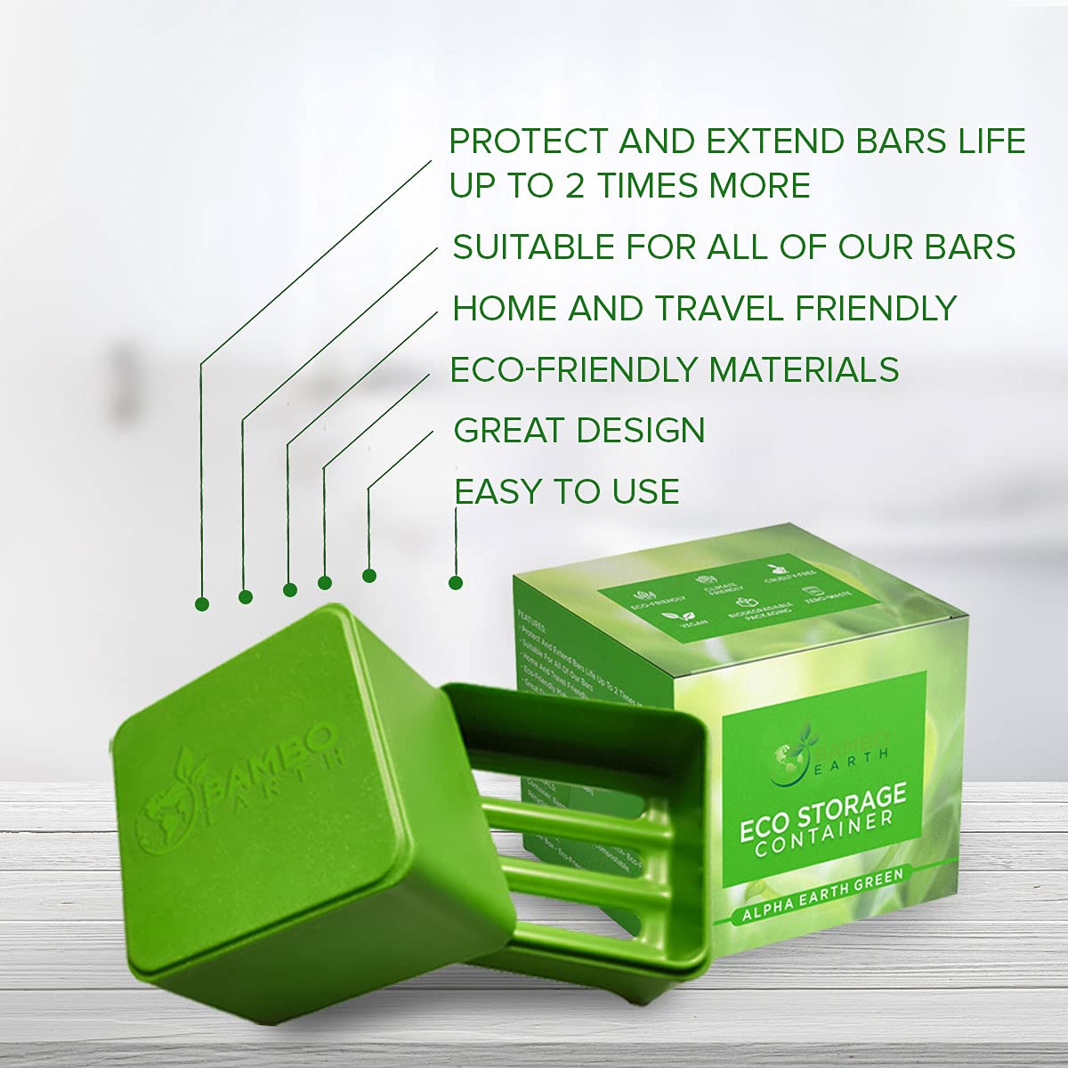 BAMBOEARTH Natural Eco-Friendly in-Shower Storage Container - Soap Dish Holder for Shampoo Conditioner & Body Bars Made of Bamboo - Extends Bar Life Plastic Free Zero Waste & Vegan (Green)