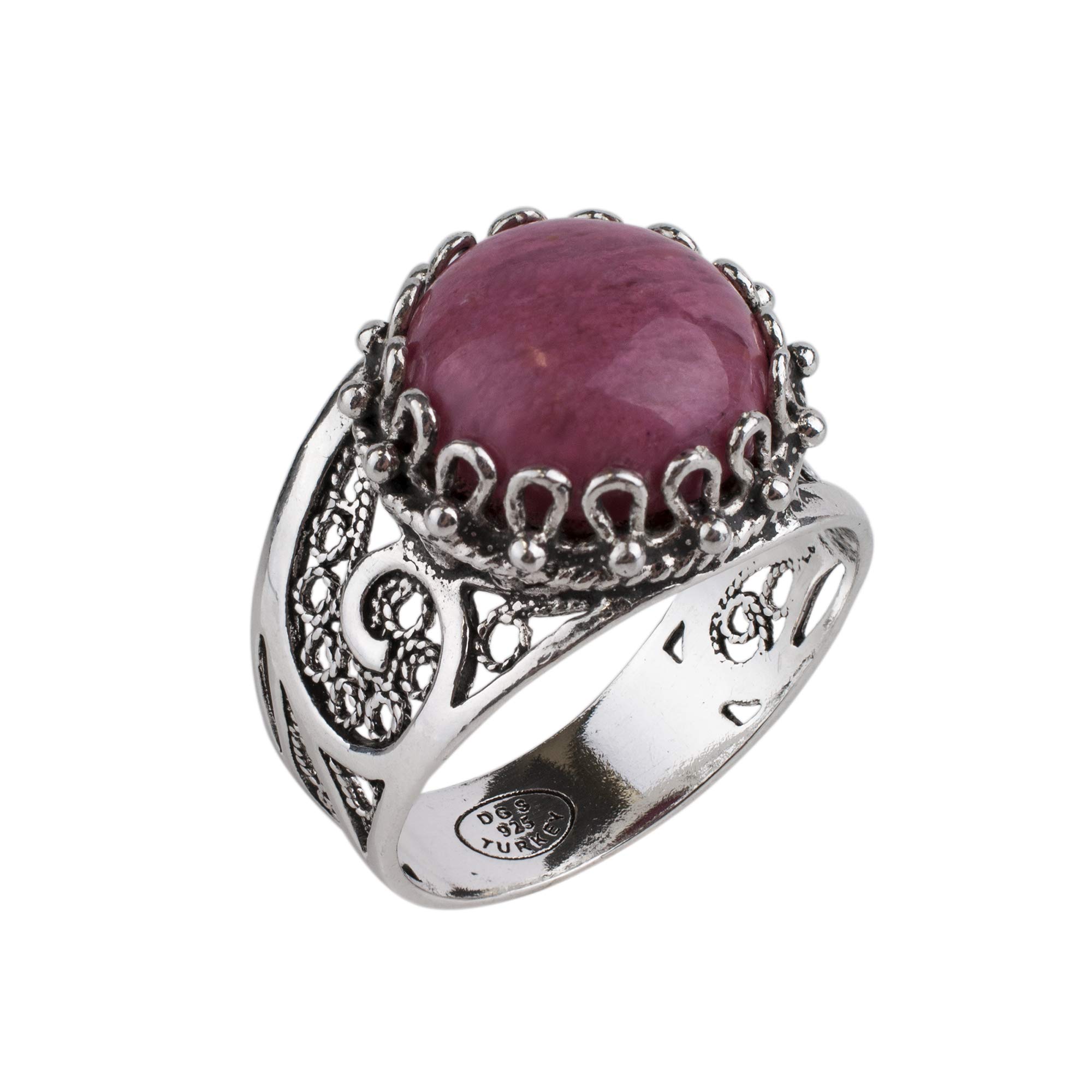 925 Sterling Silver Pink Rhodonite Round Filigree Paisley Ring (Size 6-10) (6)