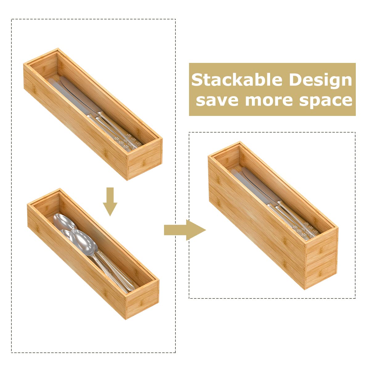 Bamboo Drawer Organizer Storage Box Kitchen - Wood Stackable Tray Set of 2 (12x3x2 inch)
