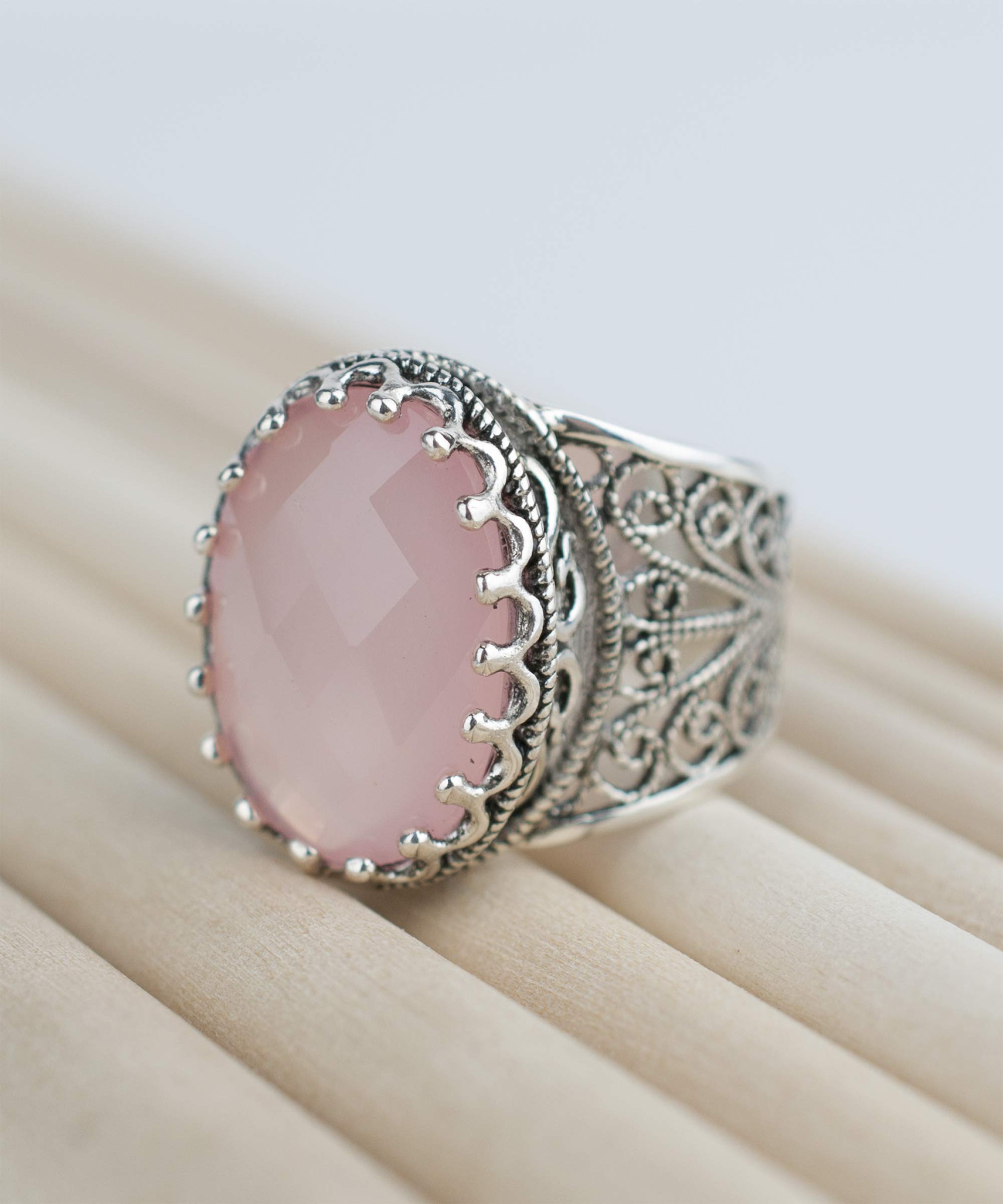 925 Sterling Silver Pink Agate Oval Filigree Ring (Size 6-11) (6)
