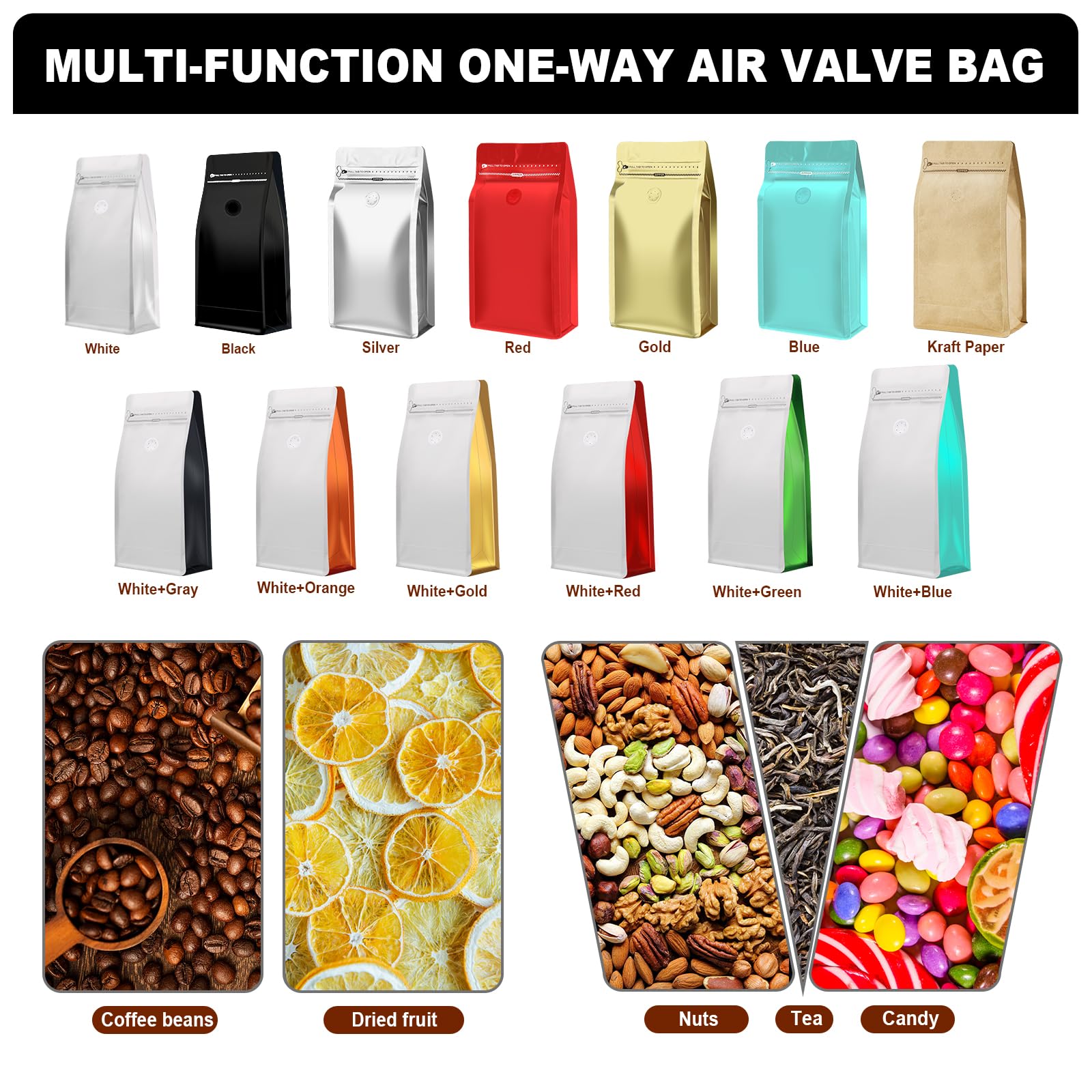 8oz 1/2 lb 60pcs Coffee Bags with Valve,Coffee Packing Bags Vented Coffee Bean Bags Barrier Bags Store Bags for Coffee Packaging, Coffee Storage Pouches Coffee Bag Zipper with Seal(Black)
