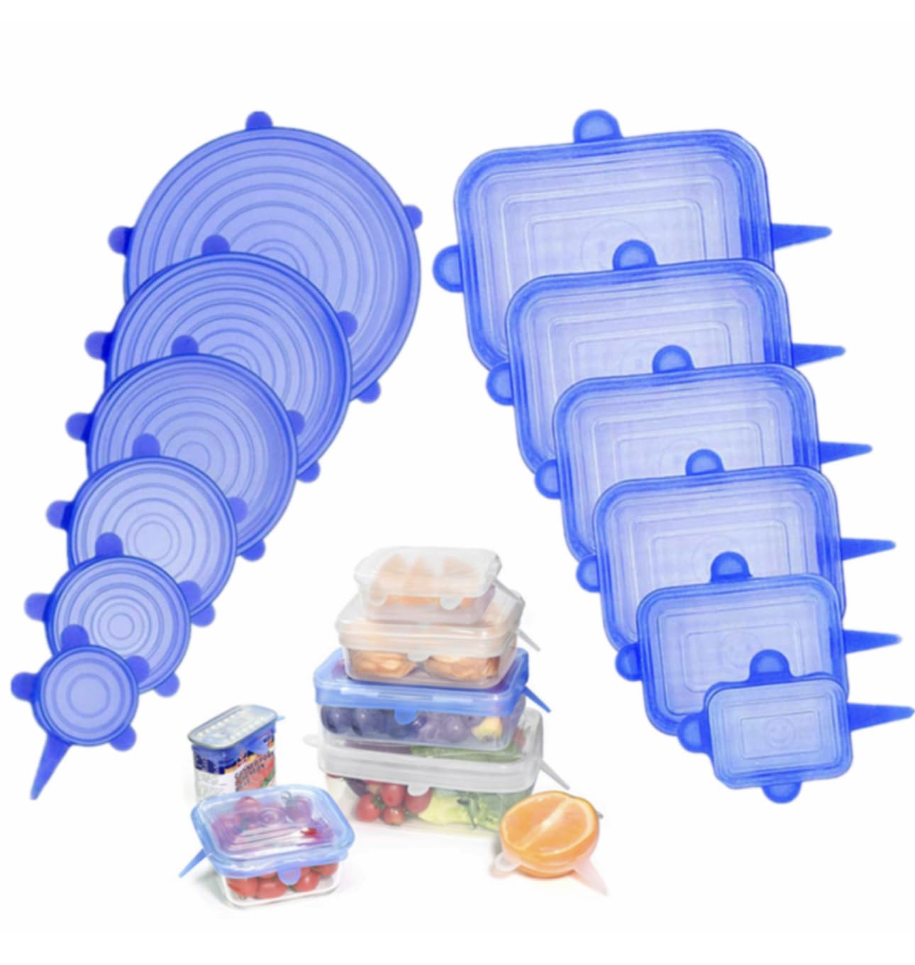 TraCol Reusable Silicone Stretch Lids, 12 Pcs Silicone Lids, 6 different Sizes BPA-free Silicone Bowl Covers for Cups, Bowls and Dish, Flexible, Round and Rectangle Fit 2.5" - 8.5” Container, Blue