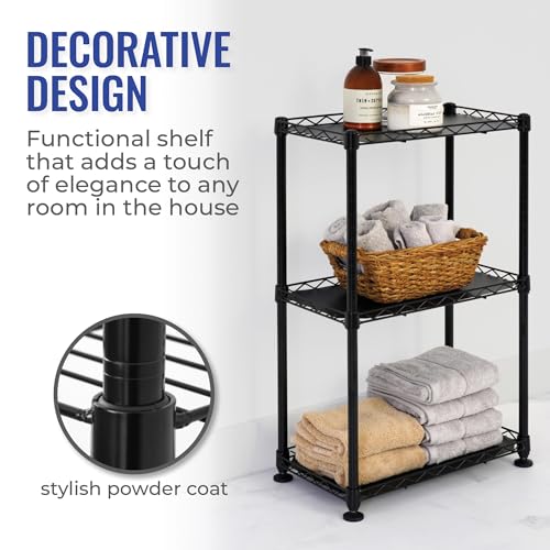 SafeRacks - NSF Certified Storage Shelves, Zinc, Heavy Duty Steel Wire Unit with Wheels and Adjustable Feet, Garage or Bakers Rack, Kitchen, Pantry Shelf - (18"x10"x30" 3-Tier) (Black)