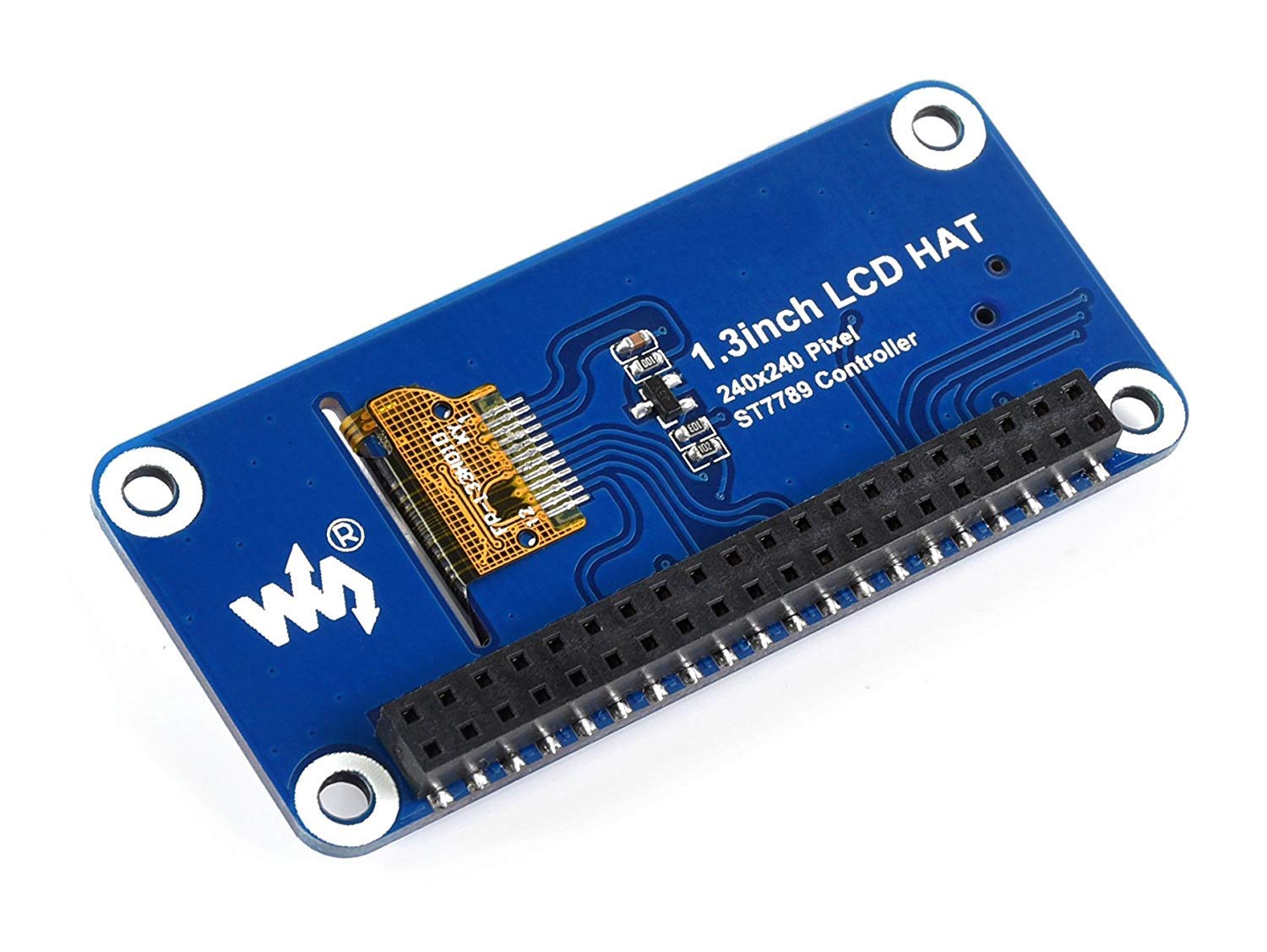 Waveshare 1.3inch IPS LCD Display HAT for Raspberry Pi 240x240 Pixels with Embedded Controller Communicating via SPI Interface.
