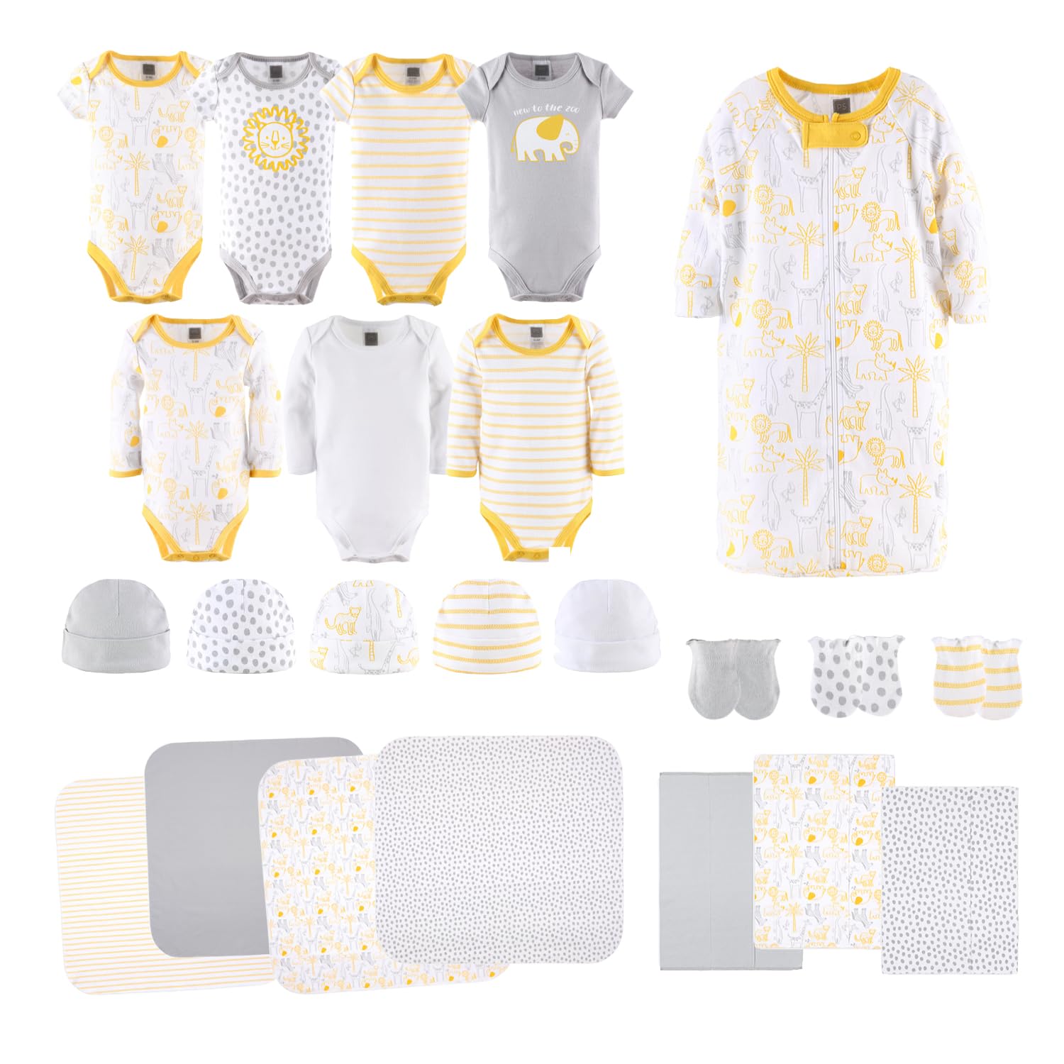 The Peanutshell Baby Layette Gift Set for Boys or Girls - 23 Piece New Born Unisex Gift Set, Baby Clothes & Newborn Essentials Must Haves - Newborn Clothes 0-3 Months - Safari Themed