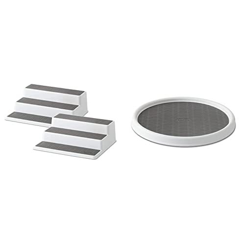 Copco 5257350 Non-Skid 3-Tier Spice Pantry Kitchen Cabinet Organizer, 2 Pack, Grey 2 & Basics Non-Skid Pantry Cabinet Lazy Susan Turntable, 12-Inch, White/Gray