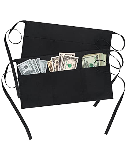 BOHARERS 2 Pack Waitress Apron With 3 Pockets - Black Server Aprons - Waiter Short Half Waist Servers Apron 12-inch