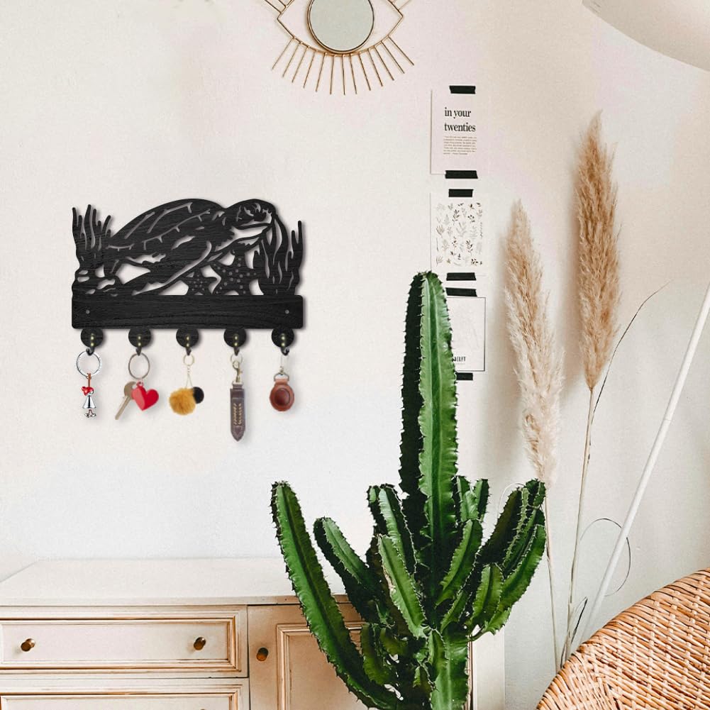 INFUNLY Ocean Theme Key Holder with 5 Key Hooks Black Wall Mounted Key Hangers Turtle Key Hangers Wood Key Rack for Home Decor Hallway, Entryway, Bedroom, Mudroom, Office 11.8inchx7.6inch