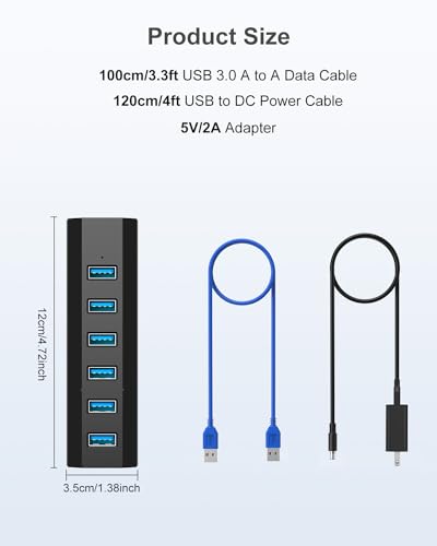 USB Hub, Aiibe 6 Ports Super High Speed USB 3.0 Hub Splitter + 10W Power Adapter + USB 3.0 Cable, Black Smart Fast Charger Powered USB Hub for Laptop, Mac, PC, Mobile HDD, Mulitple Devices