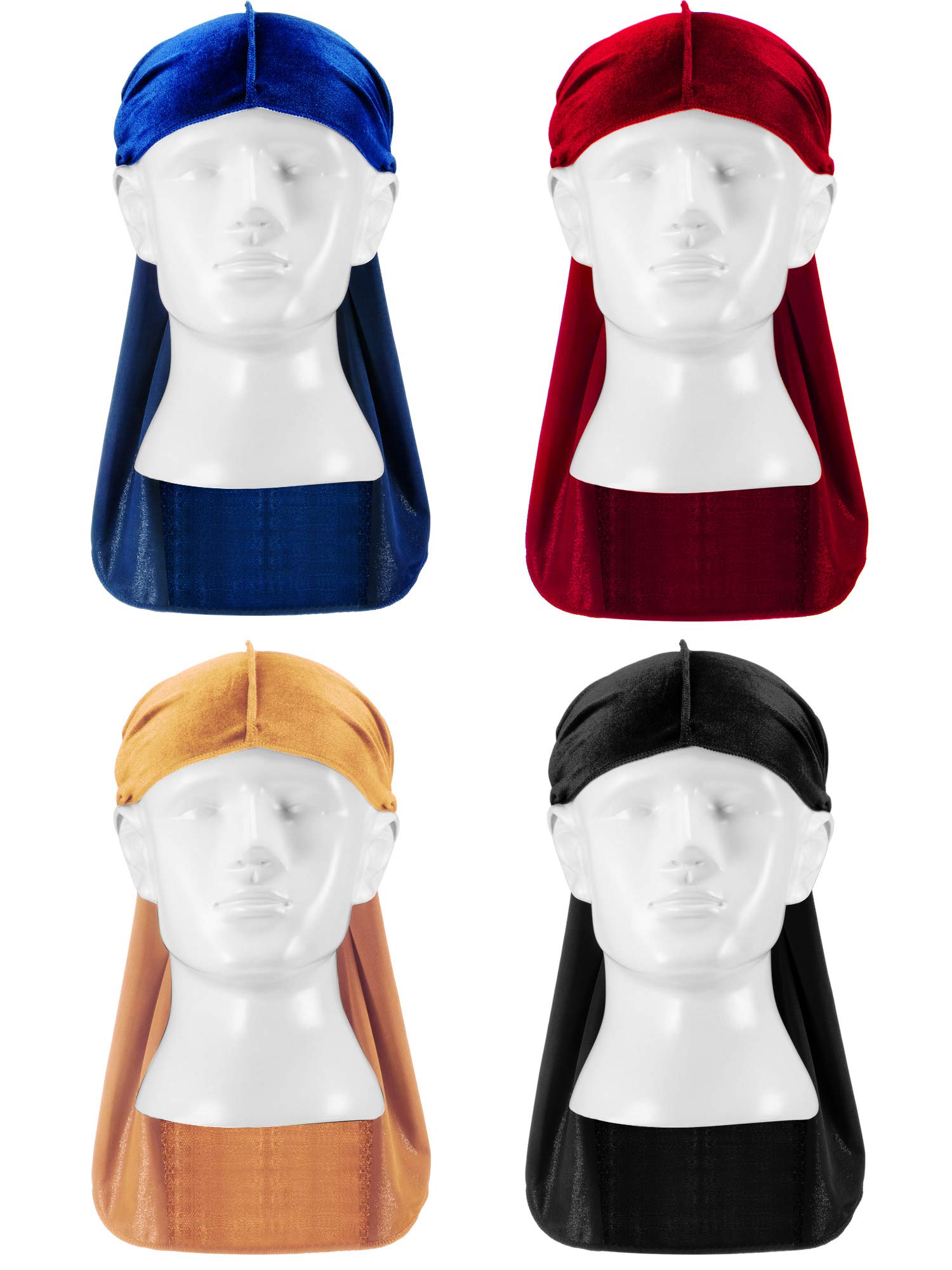 4 Pieces Men's Velvet Durag with Long Tail Soft Durag Headwraps for 360 Waves (Royal blue, Red, Gold, Black)