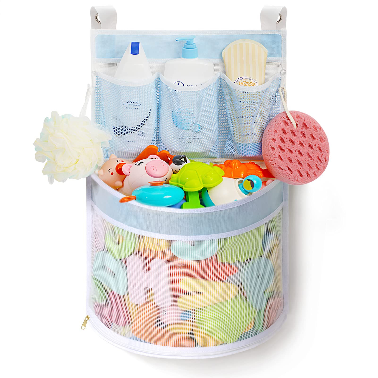 Ligereza Bath Toy Organizer, Rapid Drying, Multiple-Suspension Bath Toy Holder, Large Capacity Multi Use Bathtub Toy Storage Bag(1 Large,Blue)