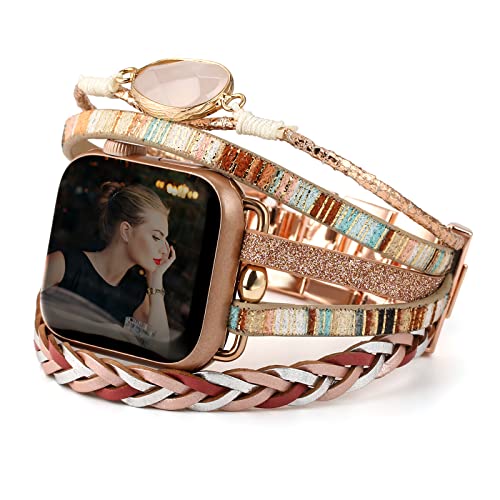 CHARMINGO Boho Leather Wrap Bands Compatible with Apple Watch Band Bracelet for Women Men 38mm/40mm/41mm, Multilayer Apple Watch Strap for Iwatch Band Series 8/7/6/5/4/3/2/1/SE Ultra
