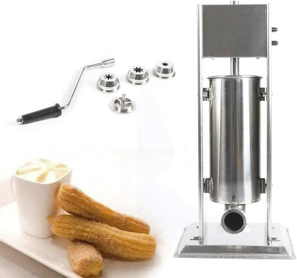 Commercial Churro Maker 5L Stainless Steel Manual Spanish Donut Churrera Churro Maker Machine with 4pcs Nozzles for Home Restaurants Cafeterias Bakeries (Vertical Type)